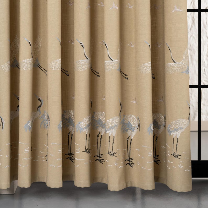 100% Blackout Linen Embroidered Curtains, Custom Crane Embroidered ...