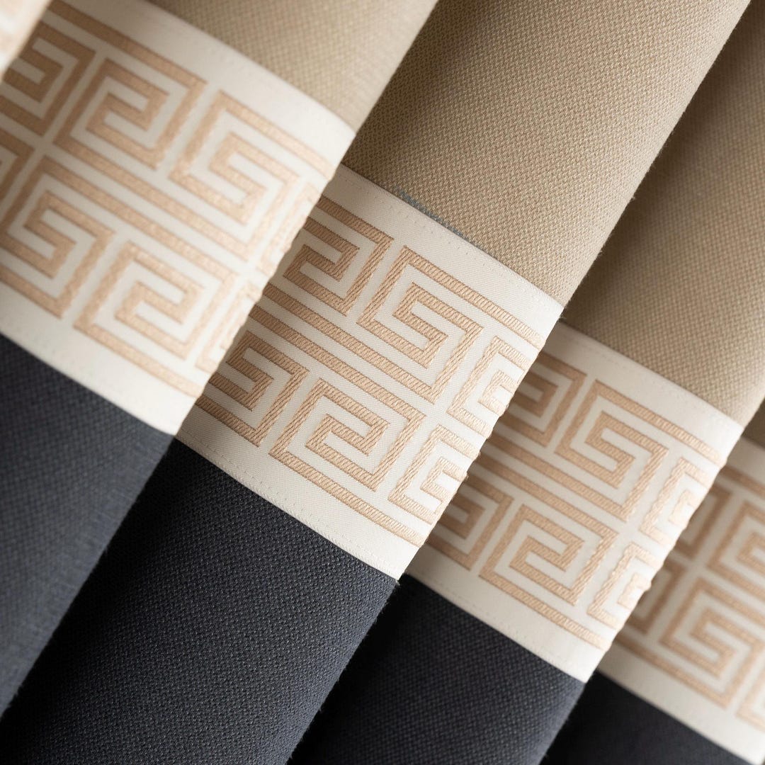 Two Tone Linen Curtains With Greek Key Border, Custom Color Block ...