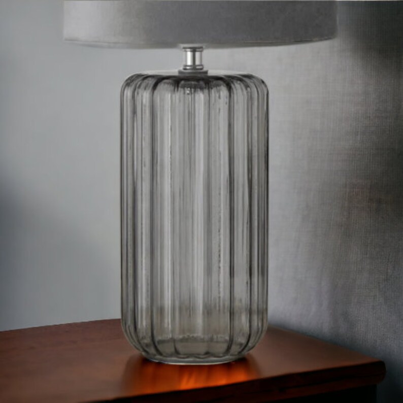 Ribbed Smoked Glass Table Lamp With Velvet Shade - Etsy
