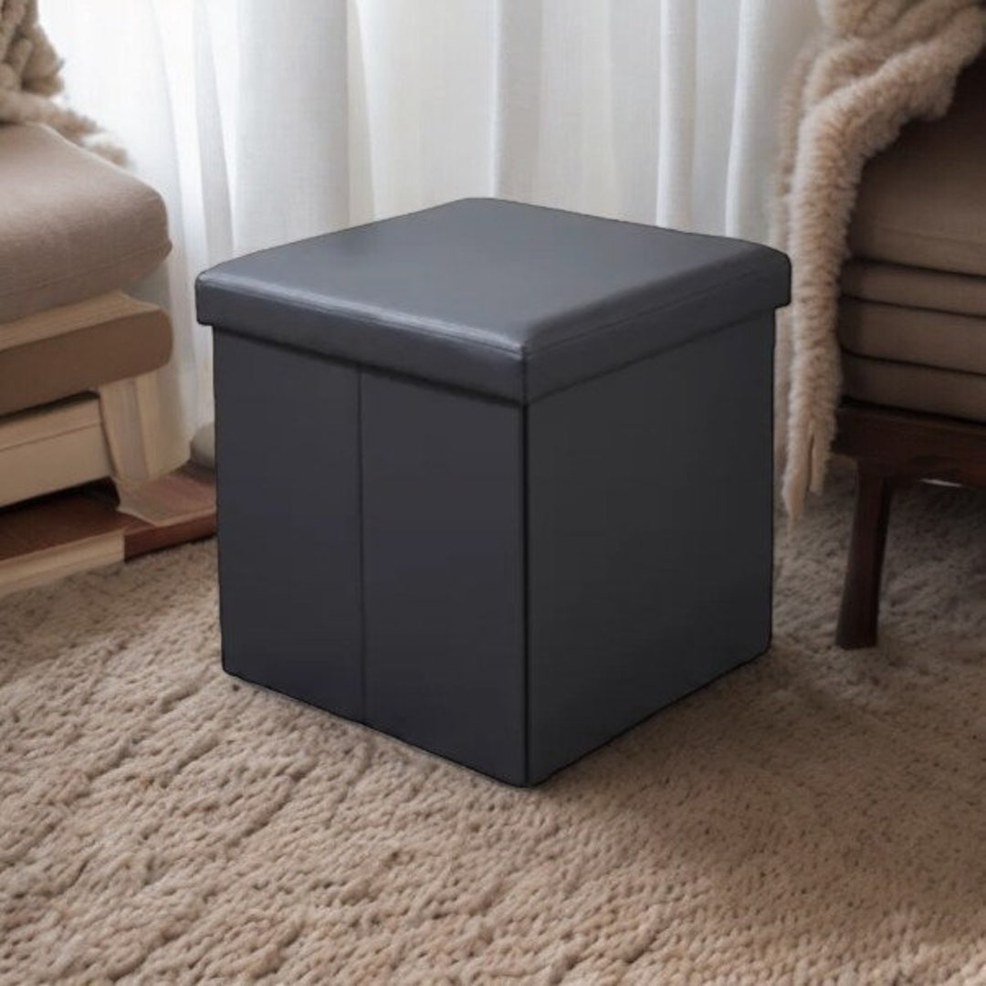 Black Faux Leather Ottoman Storage Box With Lid - Etsy