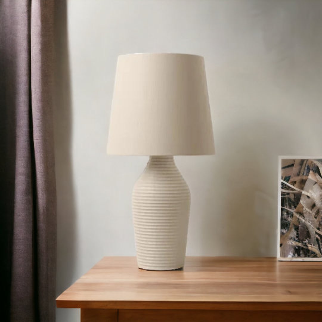 Beige Ribbed Ceramic Table Lamp With Faux Linen Shade - Etsy