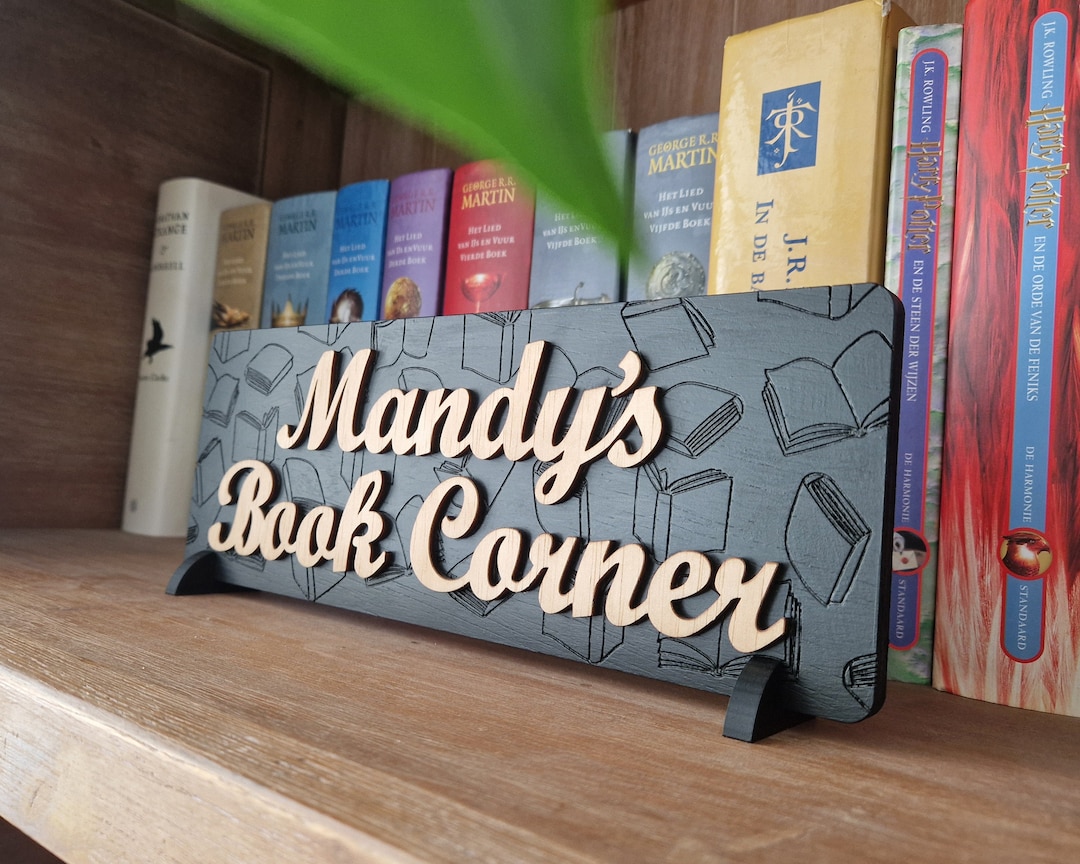 Personalizable Book Corner Sign - Personalized Wooden Bookshelf Sign ...
