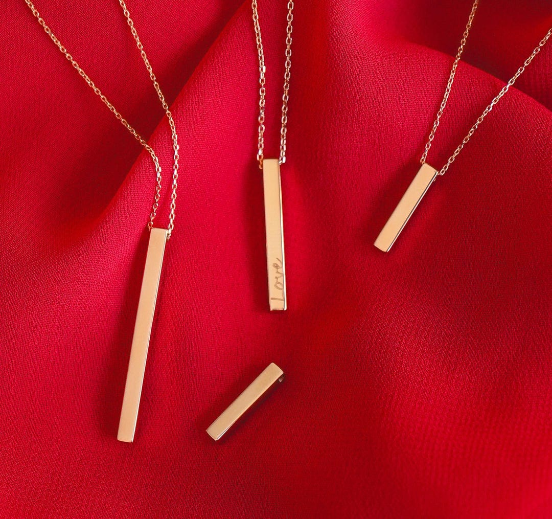 14K Solid Gold Bar Necklace, Vertical Bar Necklace, Gold 3d Bar ...