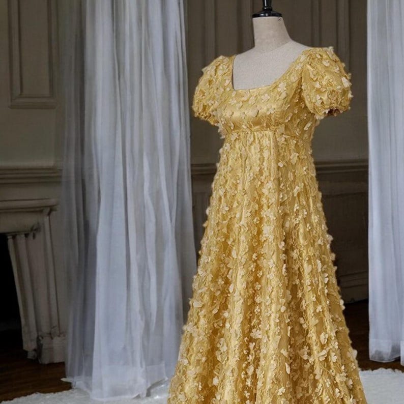 Regency Dress, Empire Waist Gown, Puff Sleeve, Floral Lace, Long Train ...