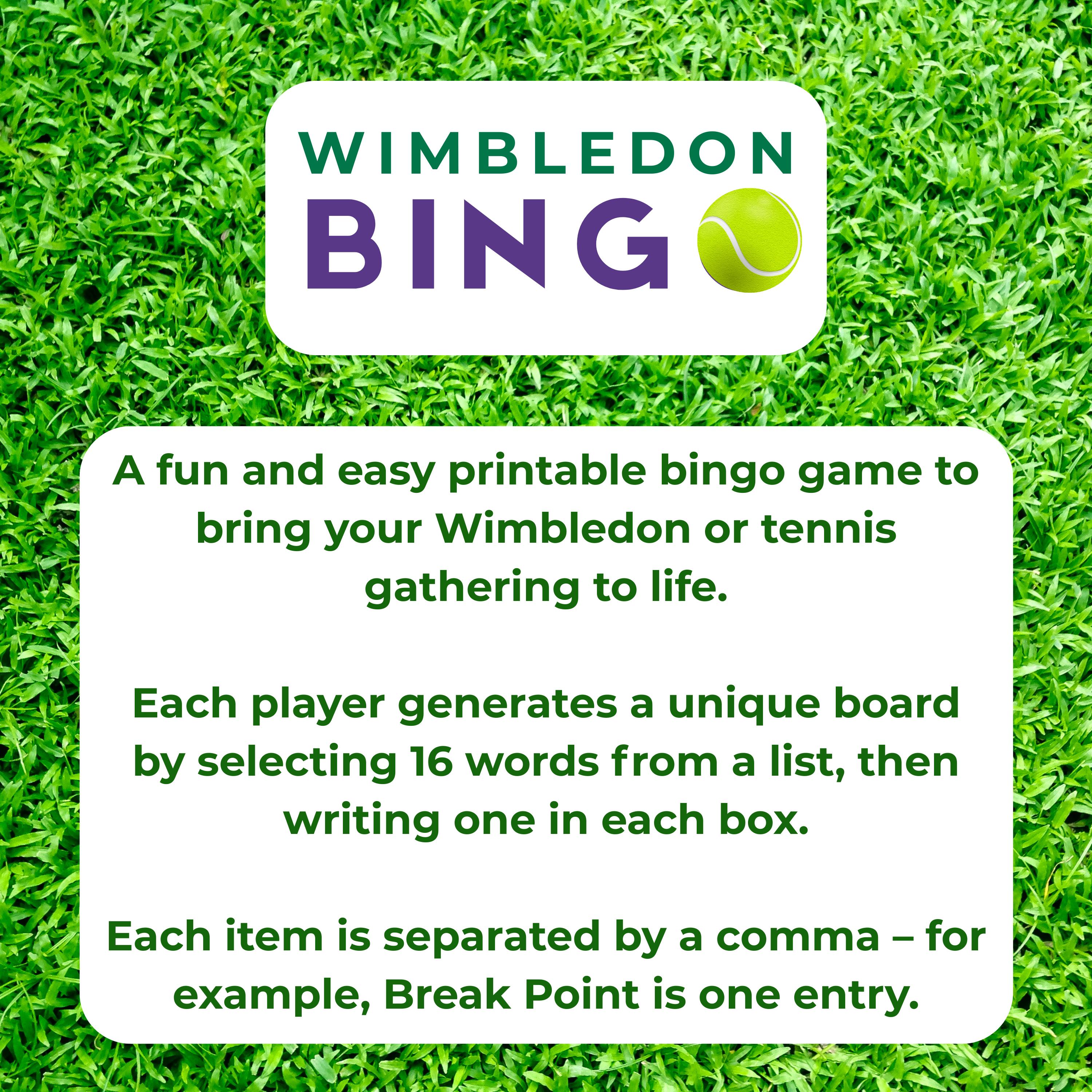 Wimbledon Tennis Bingo Printable Game | 50 Words | Make Your Own Card ...