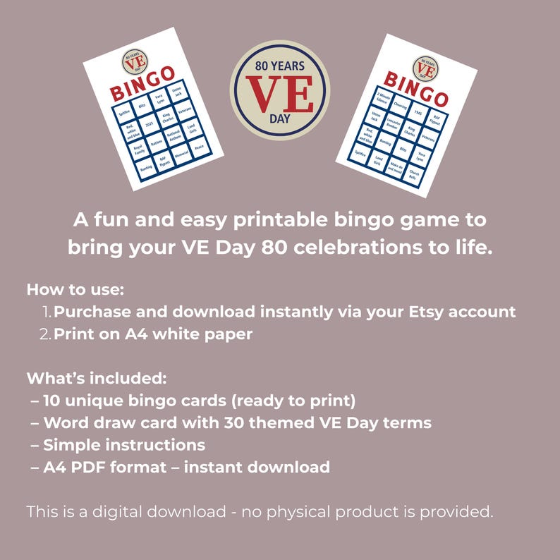 VE Day Bingo Printable Game | VE Day Activity | Instant Download ...