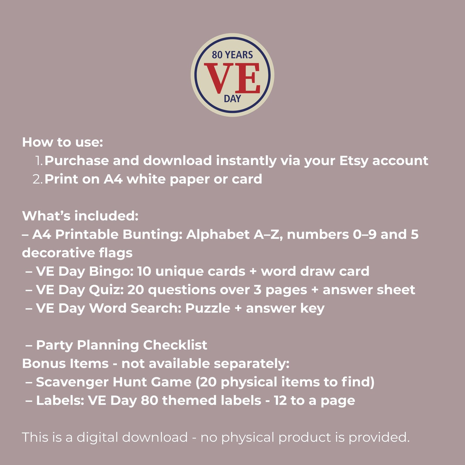 VE Day 80 Party Pack Printable | Bunting, Bingo, Word Search, Scavenger ...