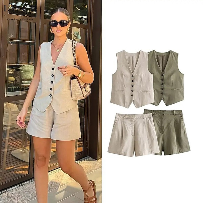 Womens Beige Linen Shorts and Vest Set Summer Two-piece Outfit Casual Chic Daily Wear ...