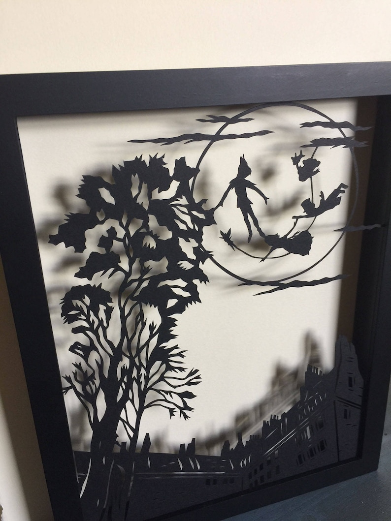 PETER PAN and the MOON Papercut in Shadow Box - Hand-cut Silhouette ...