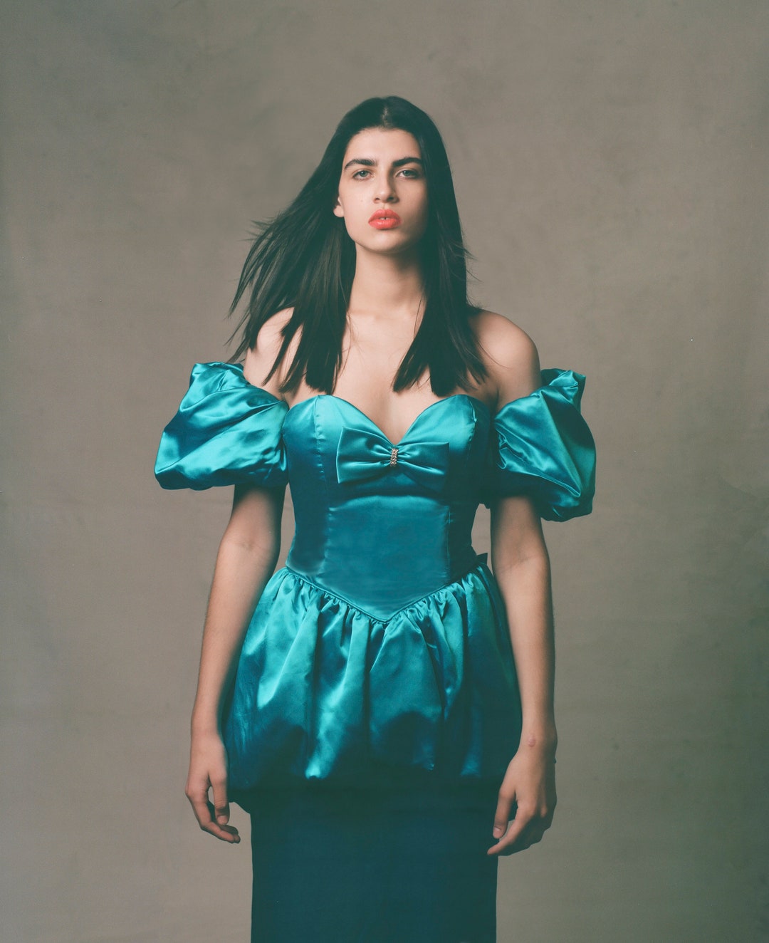 1980s Vintage Turquoise Satin Peplum Dress With Bow and Removable Puff ...