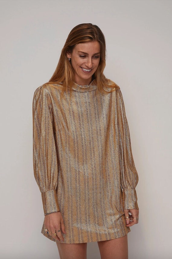 1960s Vintage Gold Metallic Stripe Tunic Mini Dress w… - Gem