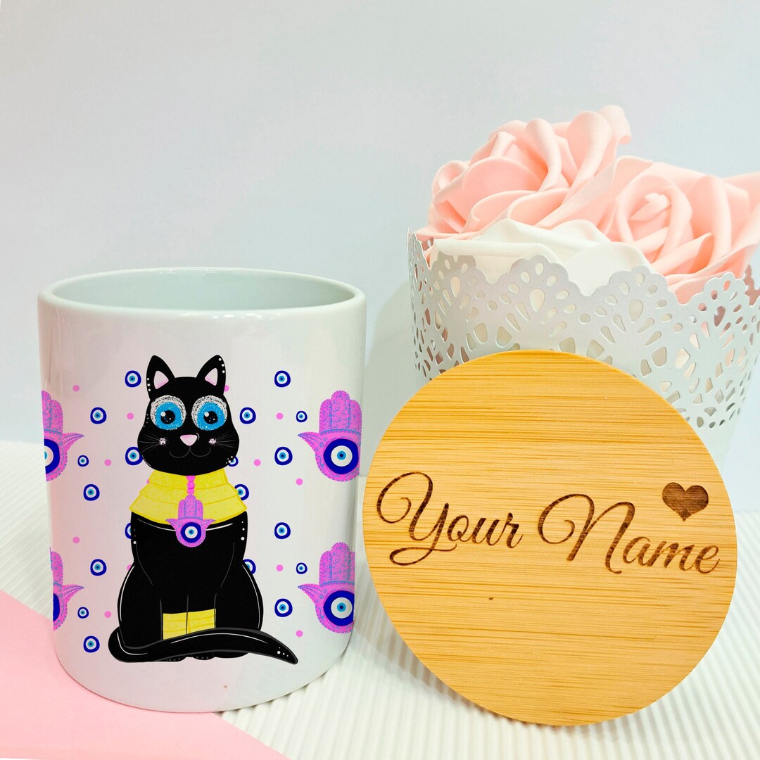 Black Cat Coffee Mug and Engraved Coaster, Hamsa Hand Cup, Evil Eye ...