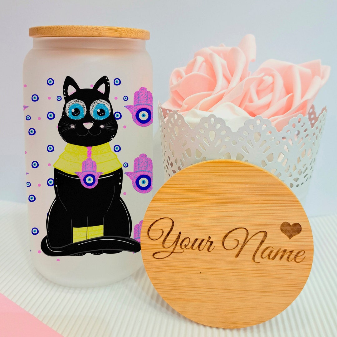 Black Cat Libbey Glass Can With Custom Lid and Engraved Coaster, Hamsa ...
