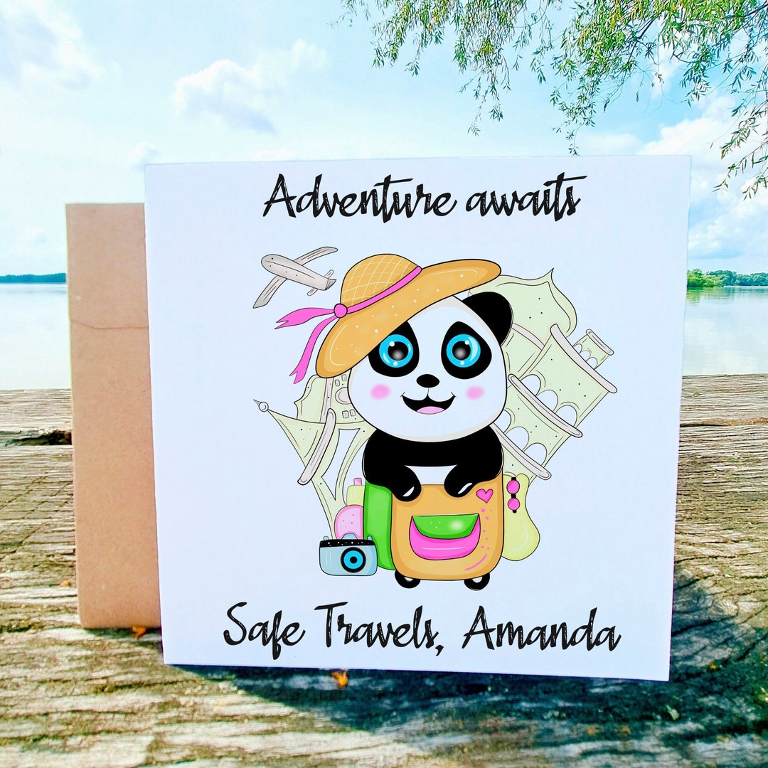 Safe Travels Greetings Card, Panda Trip Custom Name Message Cards ...