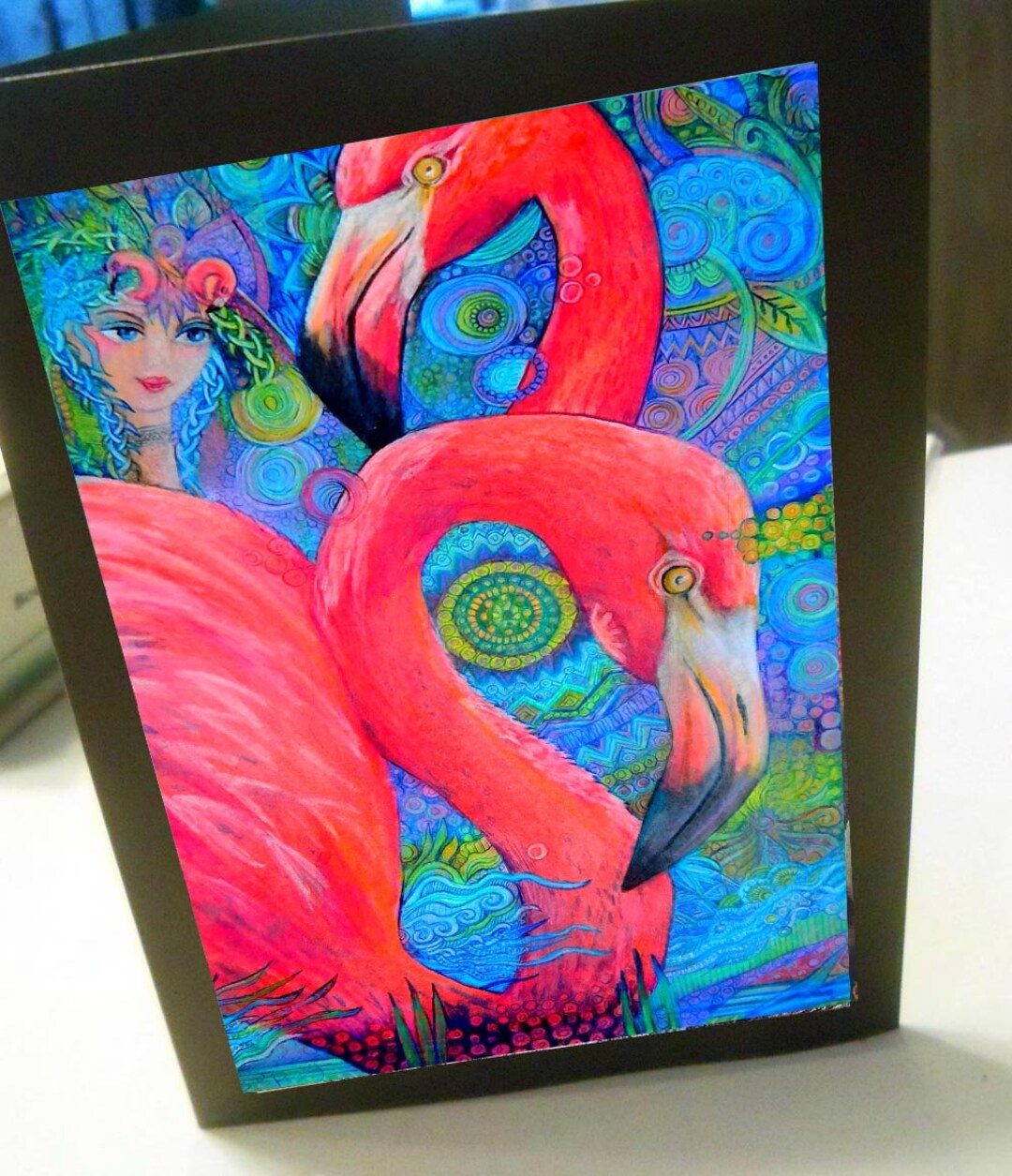 Greeting Card Print of Original Art-flamingo Mob #3 Zentangle Spirit ...