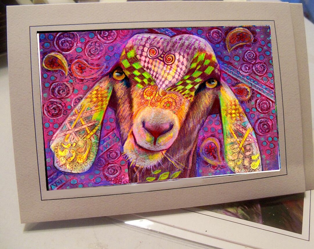 Greeting Card Print of Original Art- Colorful Goat Zentangle Whimsical ...