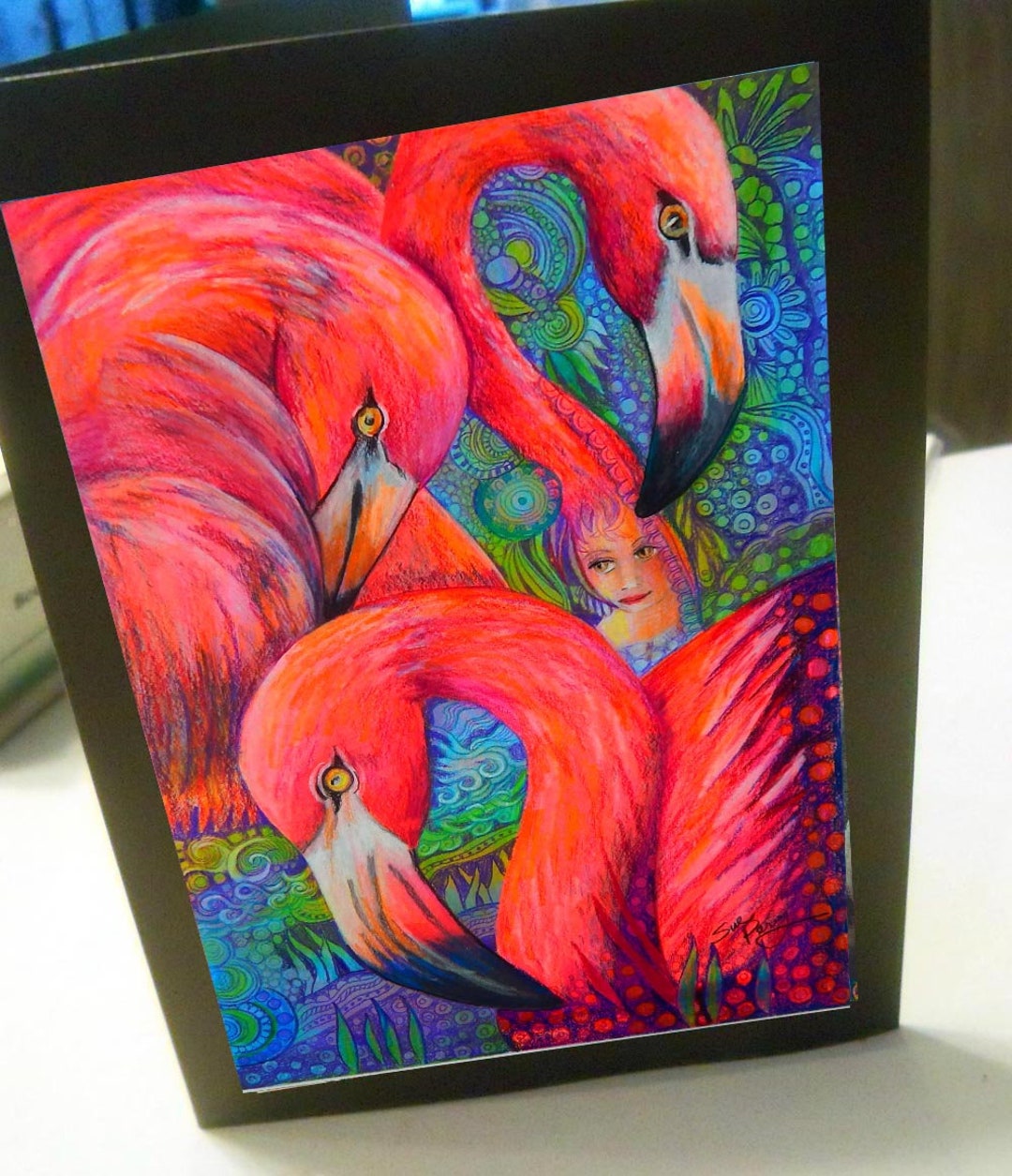 Greeting Card Print of Original Art- Flamingo Mob #2 Zentangle Spirit ...