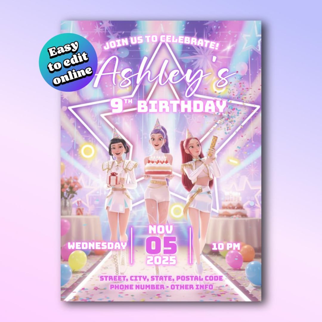KPOP Demon Hunters Inspired Invitation, Kpop Birthday Card, Girls, KPOP ...