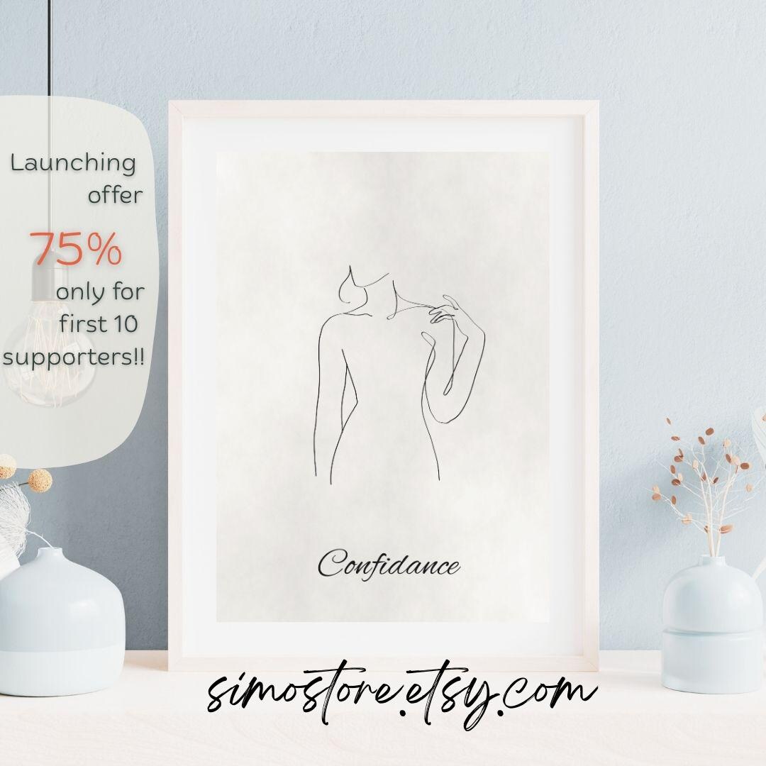 Confidence Woman Line Art Print: Minimalist Gray Self-love Decor ...