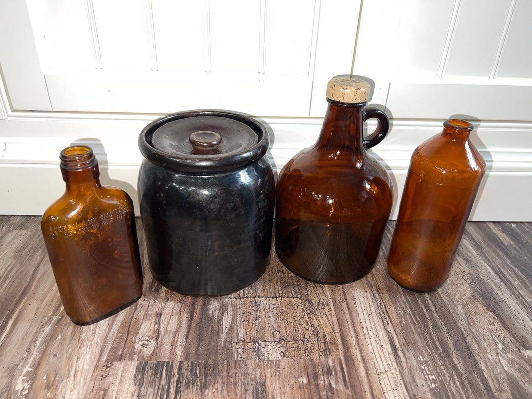 Antique Vintage Amber Color Apothecary Bottles Jars Beer Lot of 4 ...