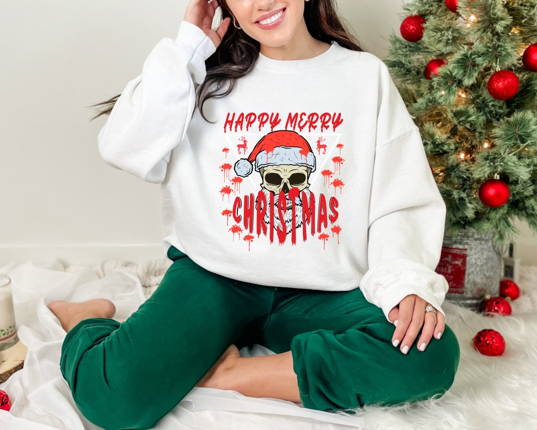 Happy Merry Christmas Skeleton Sweatshirt, Spooky Skull Christmas ...