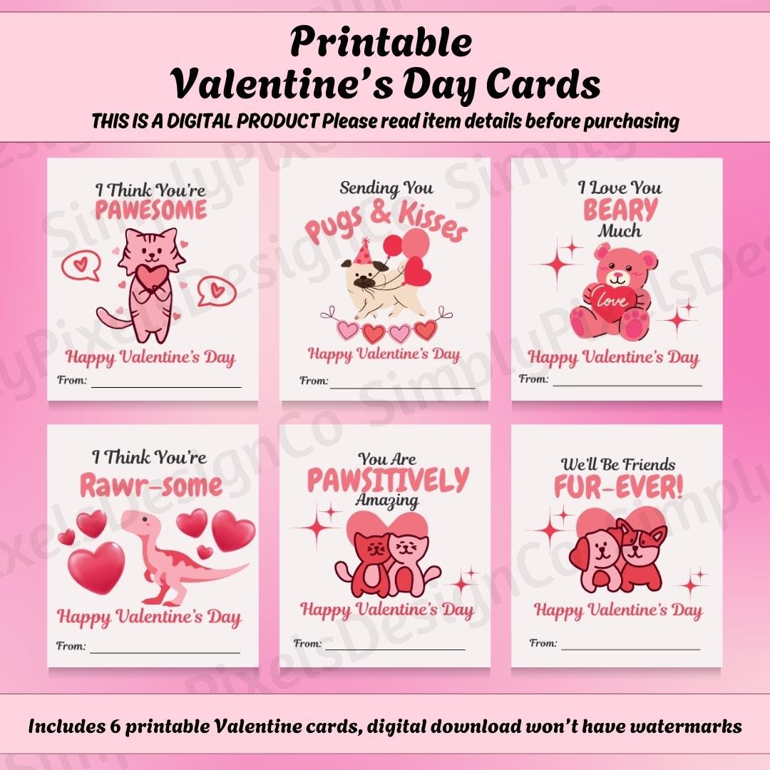 Printable Valentine's Cards for Kids, Printable School Valentines ...