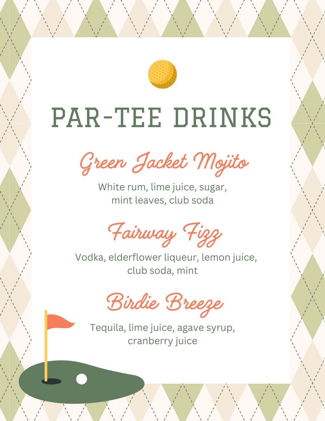 Golf Theme Party Bar Menu Digital Download; Editable Cocktail Menu, 8 ...