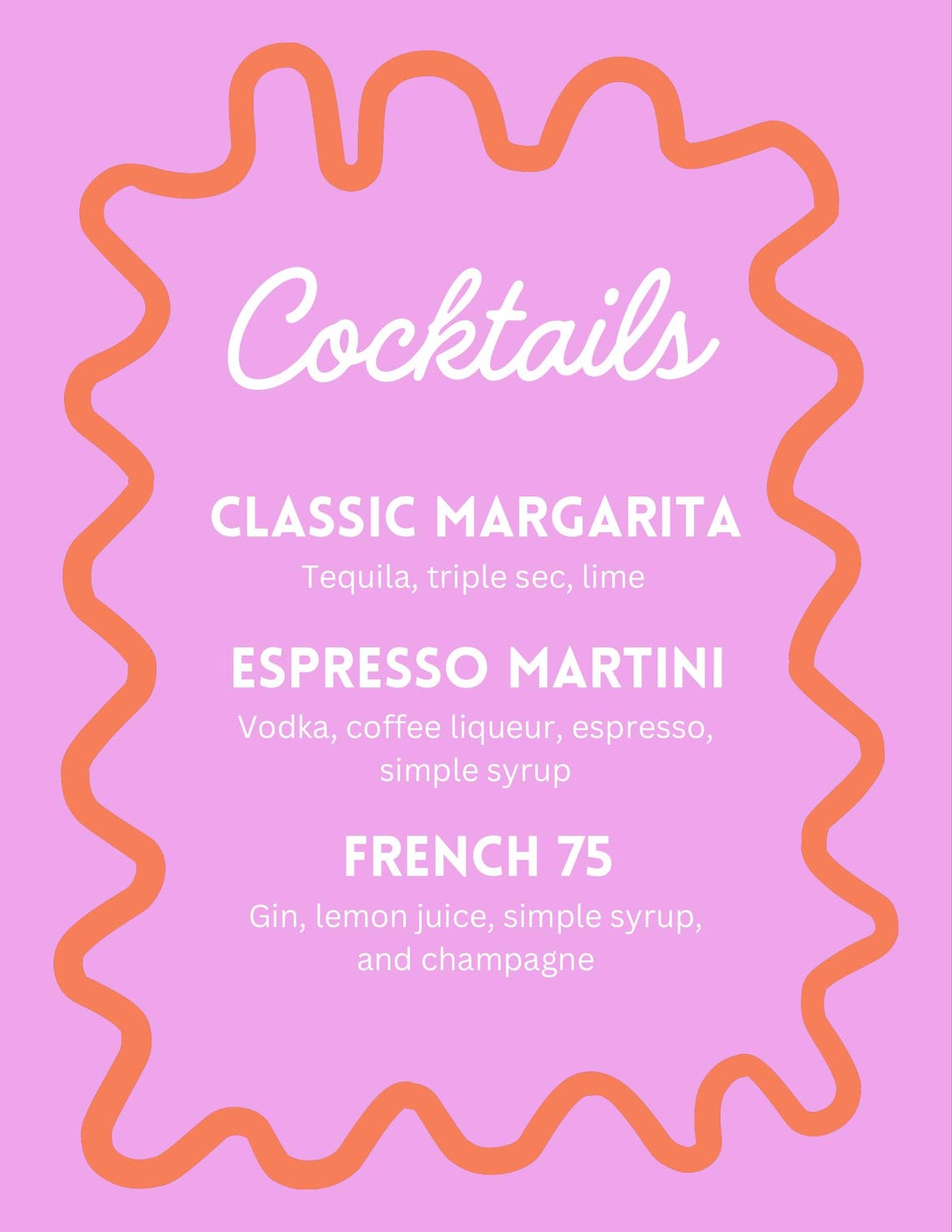 Squiggle Cocktails Bar Sign Template, Cute Theme Party, Editable Cocktail Menu, 8.5x11" Bar Menu ...