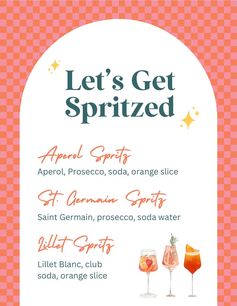 Spritz Cocktails Bar Sign Template, Spritz Theme Party, Editable ...