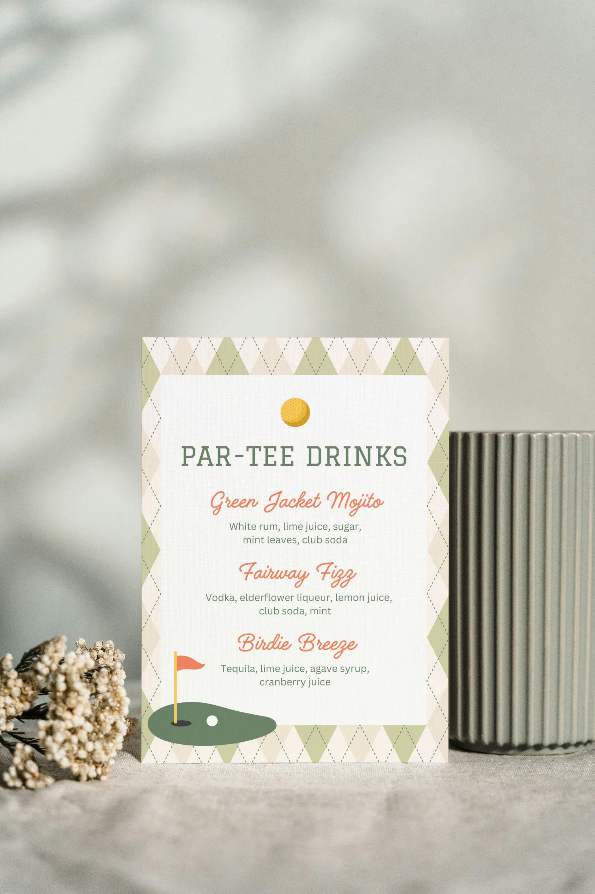 Golf Theme Party Bar Menu Digital Download; Editable Cocktail Menu, 8 ...