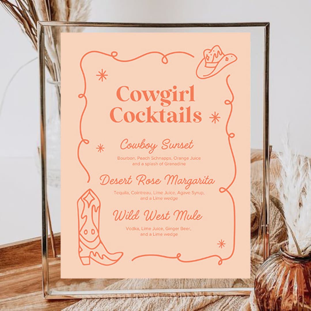 Cowgirl Cocktails Bar Sign Template, Western Theme Party, Editable ...