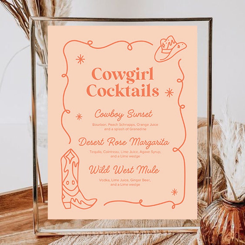 Cowgirl Cocktails Bar Sign Template, Western Theme Party, Editable ...
