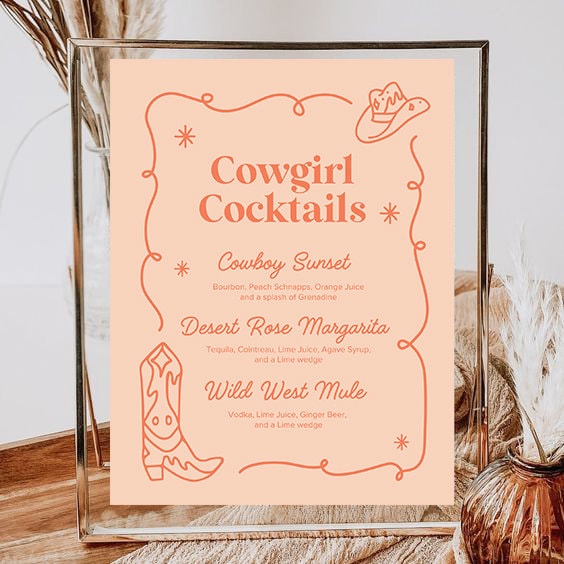 Cowgirl Cocktails Bar Sign Template, Western Theme Party, Editable ...