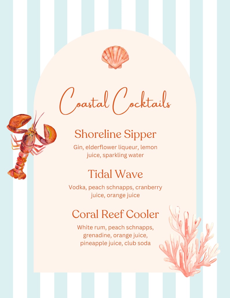 Coastal Bar Menu Digital Download | Beach-themed Printable Menu ...