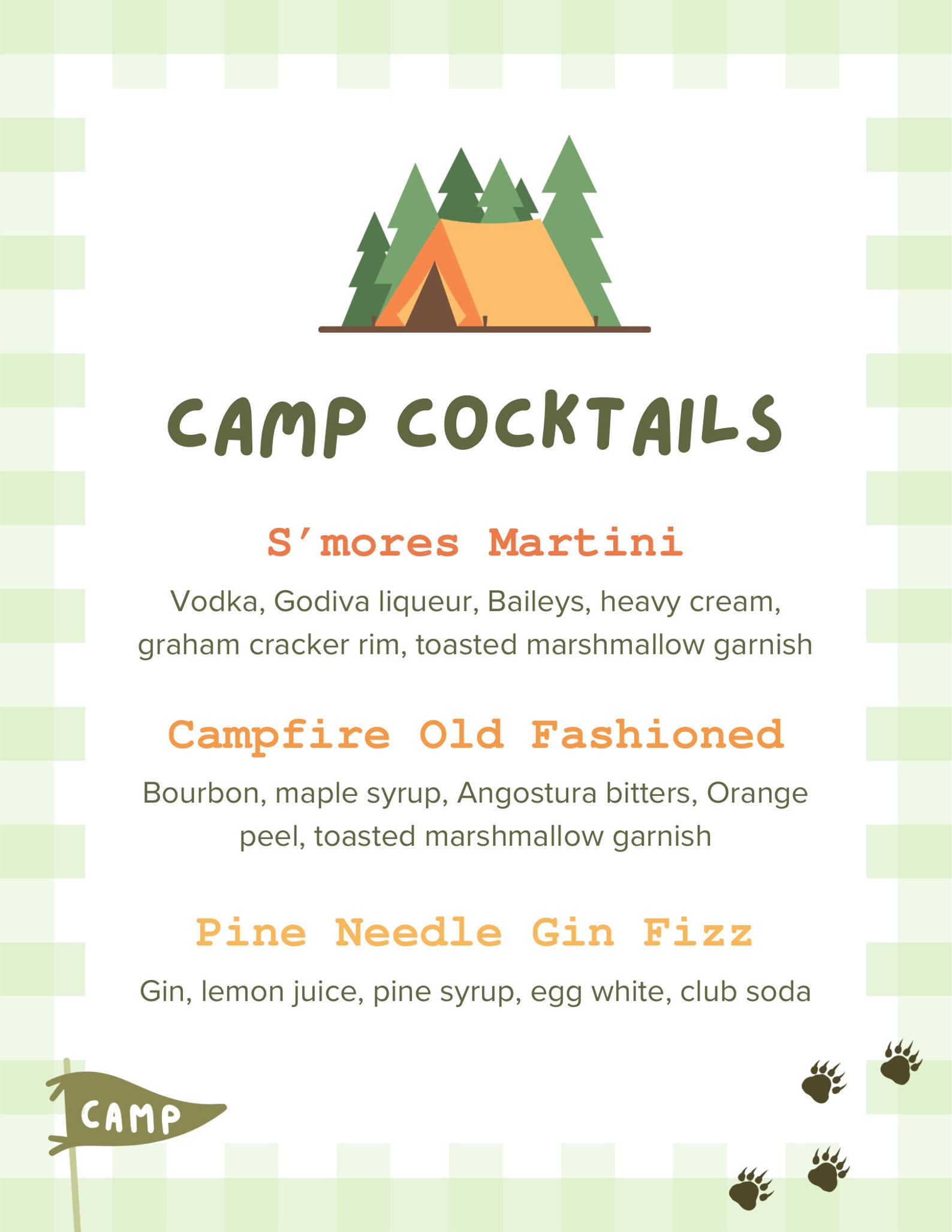Camp Theme Bar Menu Digital Download | Printable Menu | 8.5”x11” - Etsy