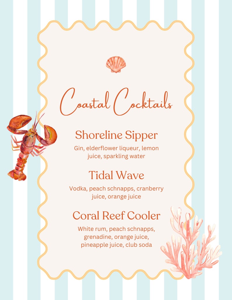 Coastal Bar Menu Digital Download | Beach-themed Printable Menu ...