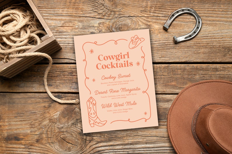 Cowgirl Cocktails Bar Sign Template, Western Theme Party, Editable ...