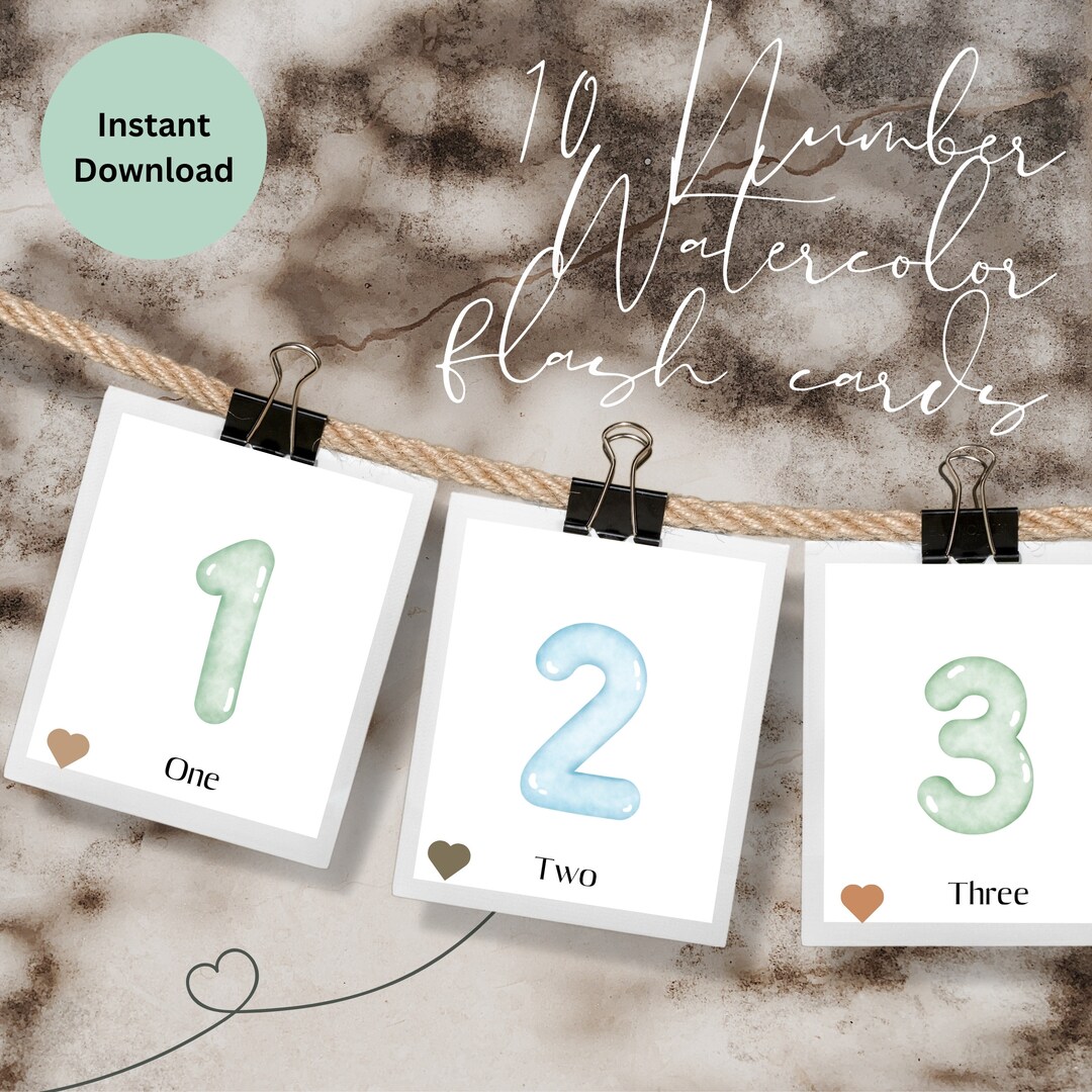 Numbers Watercolor Flash Cards, Preschool Counting Flash Cards, Count ...