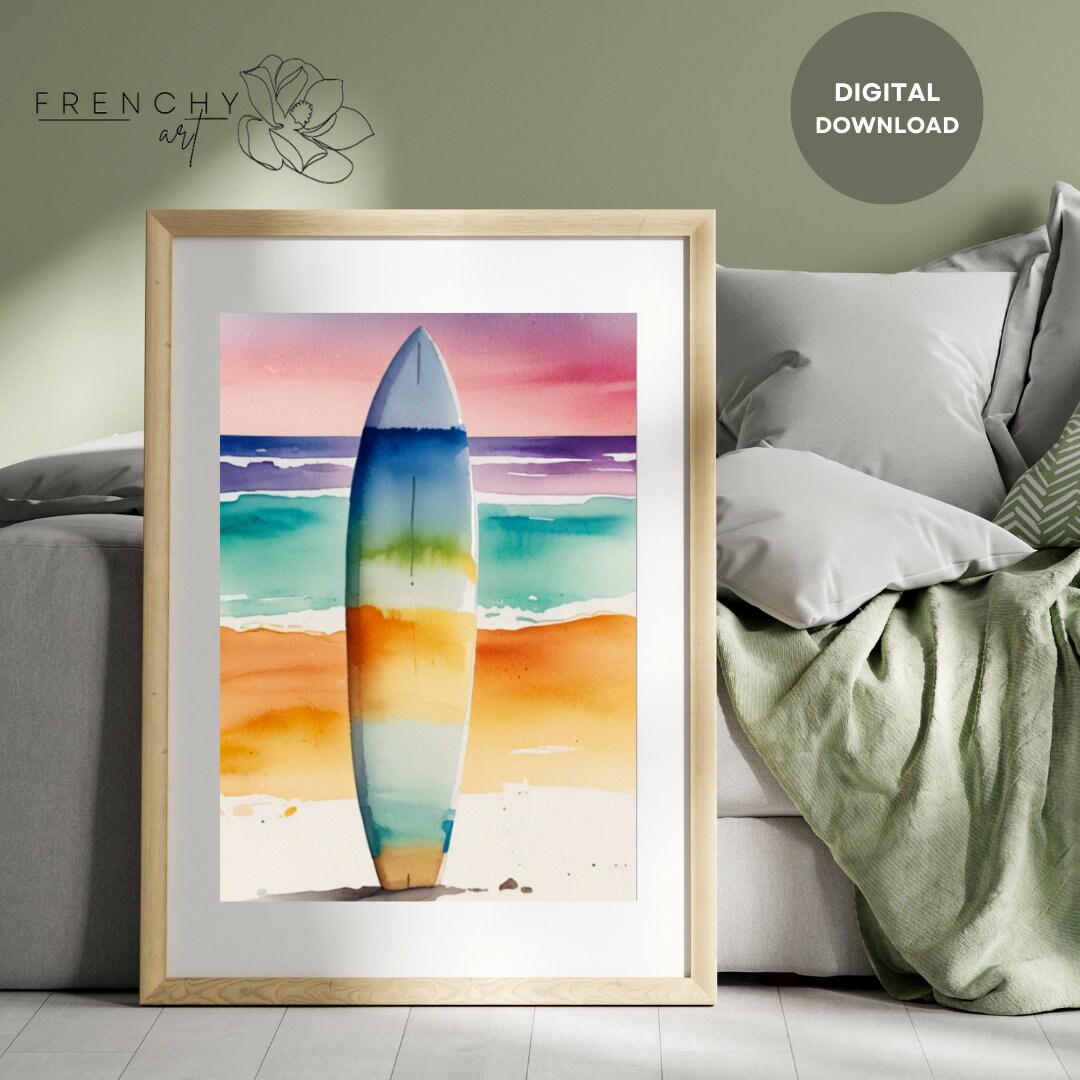 Minimalist Surfboard Sunset Art Watercolor Beach Print Simple Ocean ...