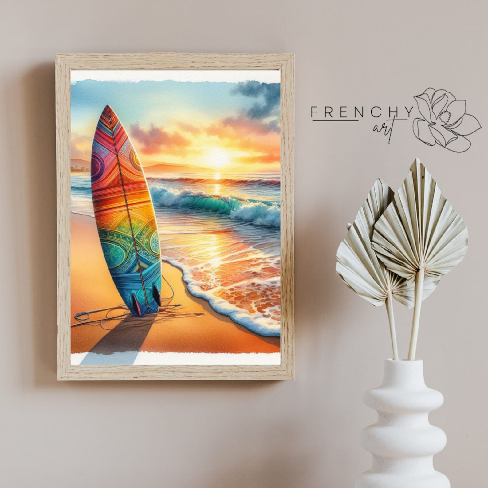 Sunset Surfboard Beach Art Realistic Watercolor Print Ocean Sunset Wall ...