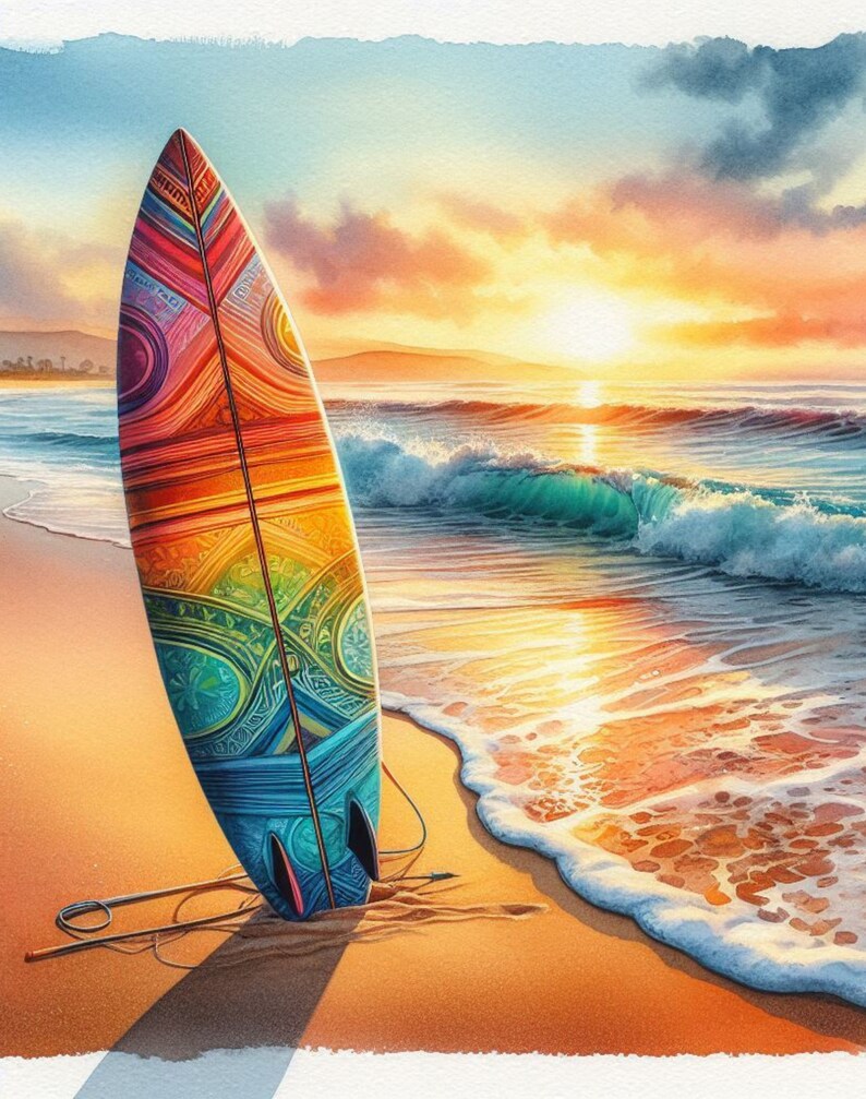 Sunset Surfboard Beach Art Realistic Watercolor Print Ocean Sunset Wall ...