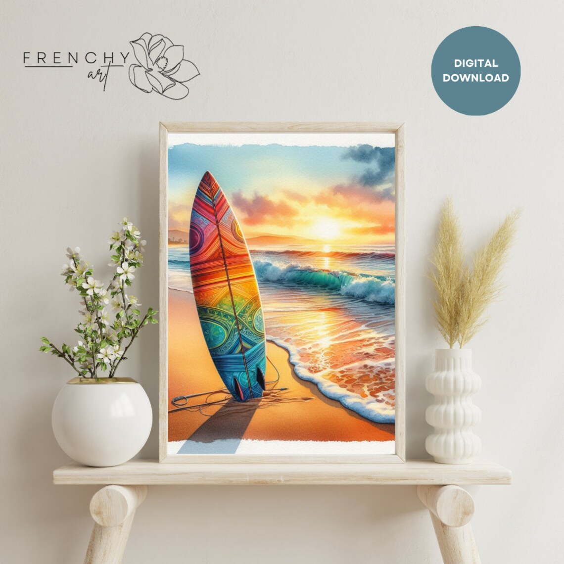 Sunset Surfboard Beach Art Realistic Watercolor Print Ocean Sunset Wall ...