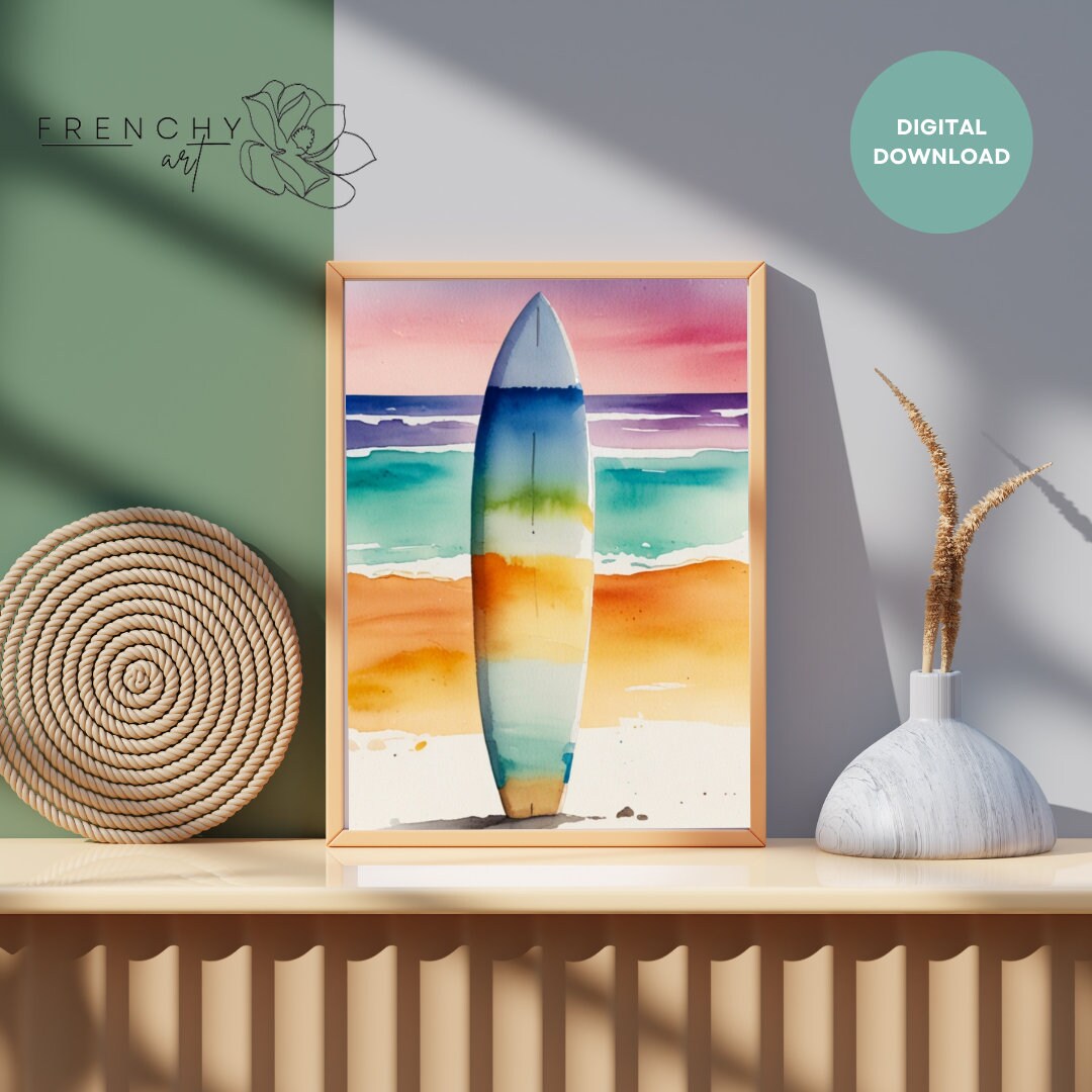 Minimalist Surfboard Sunset Art Watercolor Beach Print Simple Ocean ...