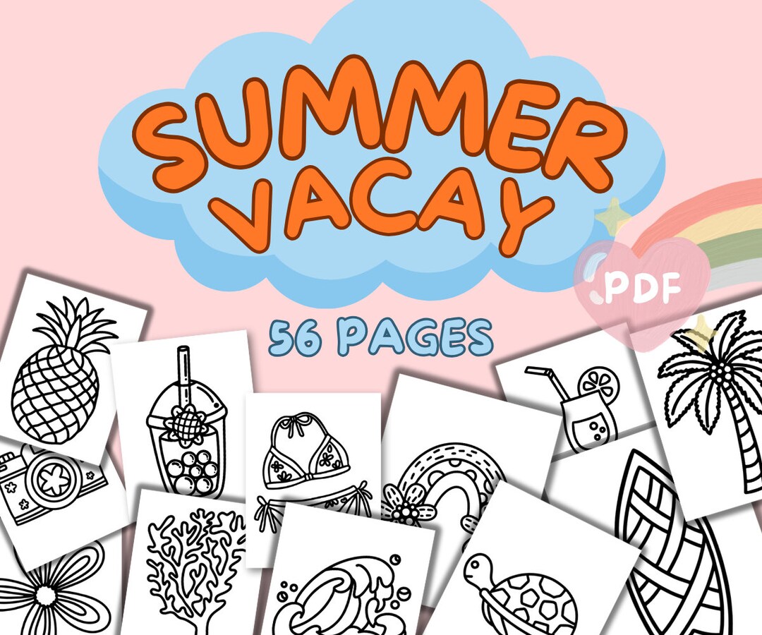 Summer Vacay Coloring Pages Bundle | 56 Printable Simple and Bold ...