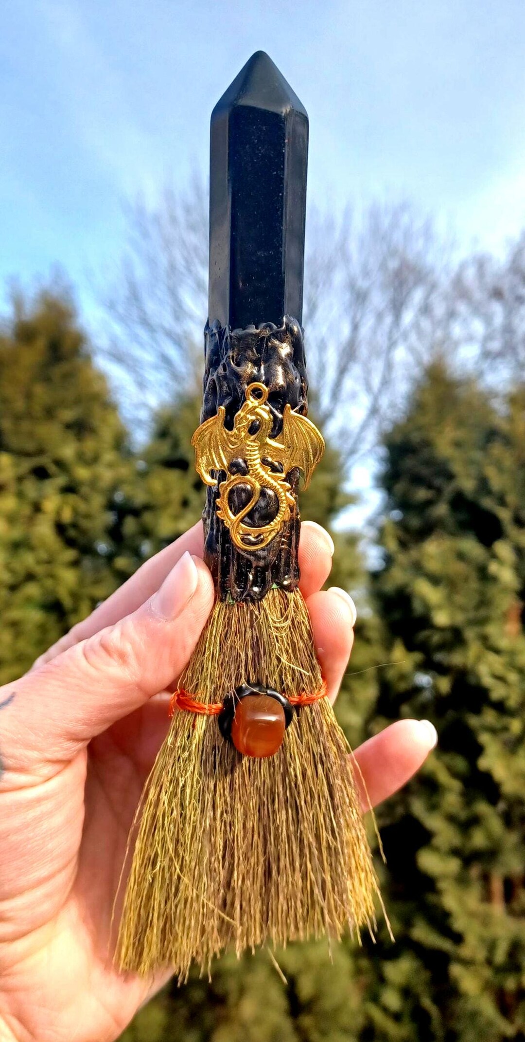 Black Obsidian Point Broom With Metal Dragon Detail - Etsy