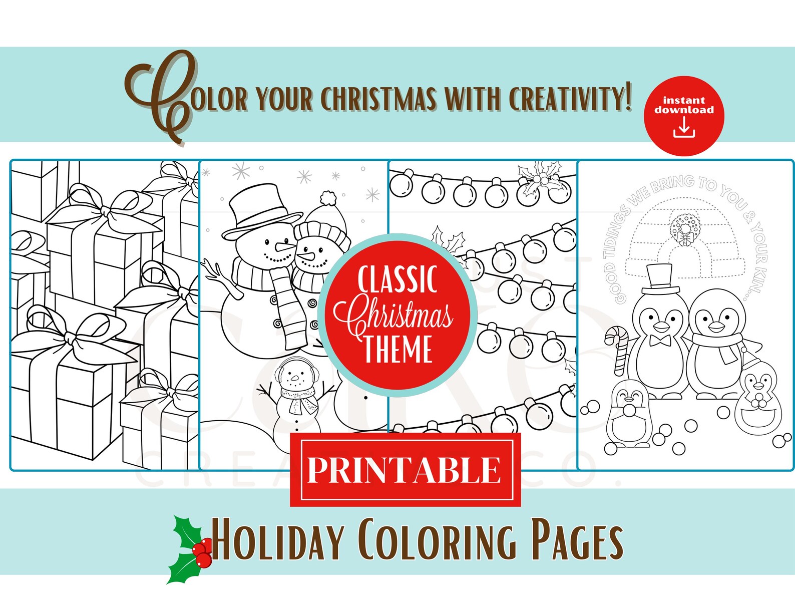 Printable Classic Christmas Coloring Pages, DIGITAL FILE Coloring Book ...