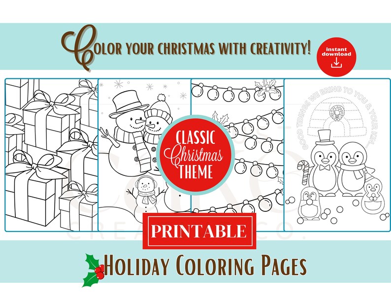 Printable Classic Christmas Coloring Pages, DIGITAL FILE Coloring Book ...