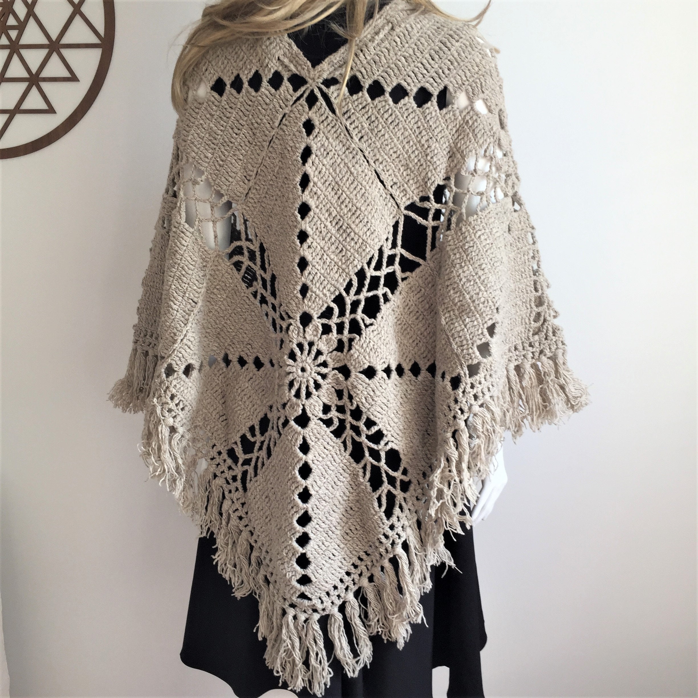 Beige Oversized Spring Poncho, Crocheted Oat Cream Shawl, Handmade ...