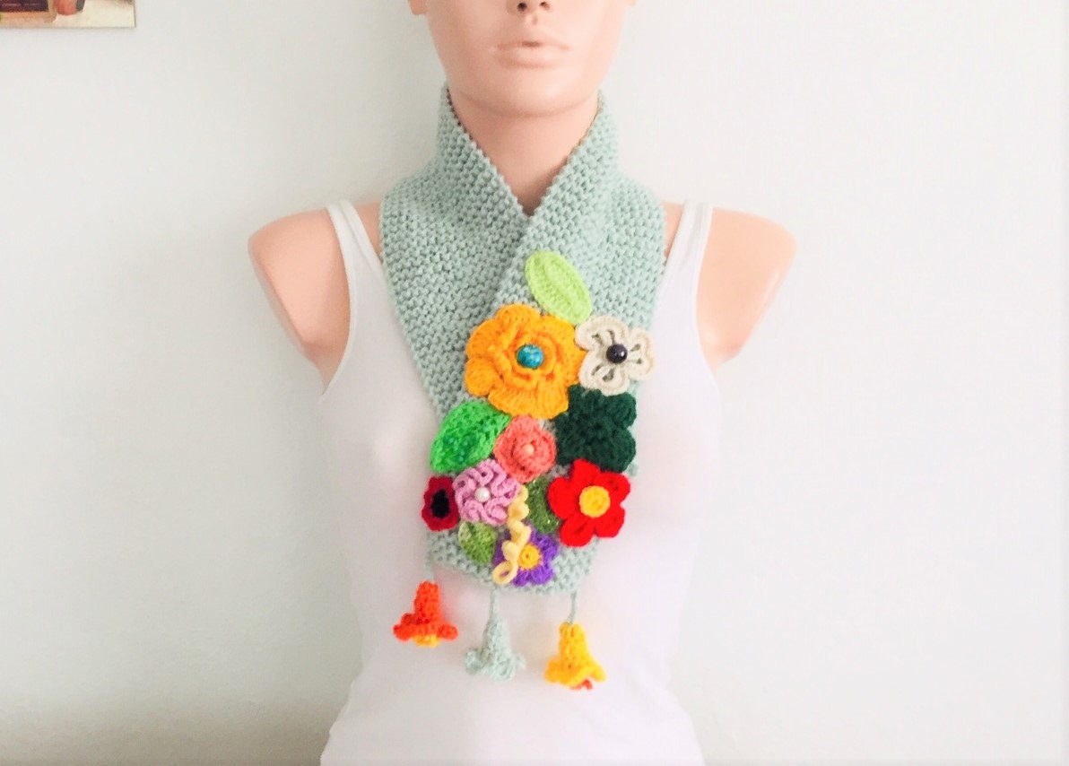 Flowers Knitting Wool Scarf Mint Green Colorful Floras - Etsy