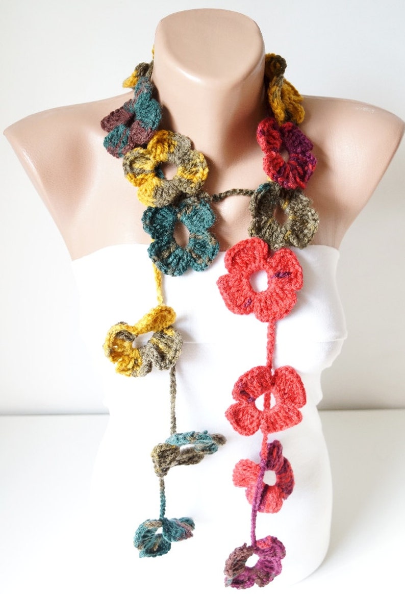 Flower Scarf Handmade Crochet Green pink saffron dark | Etsy